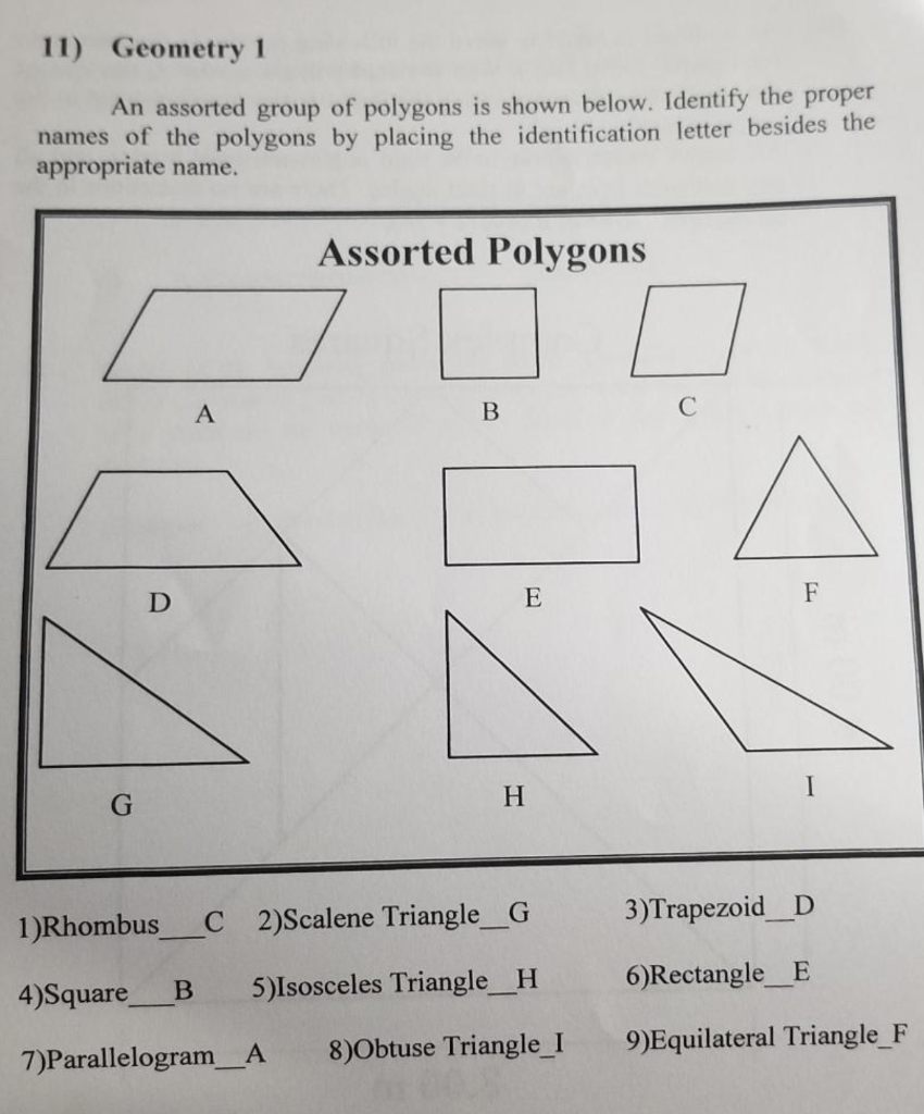Solved 11) Geometry 1 An assorted group of polygons is shown | Chegg.com