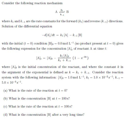 Solved Consider the following reaction mechanism А B k_1 | Chegg.com