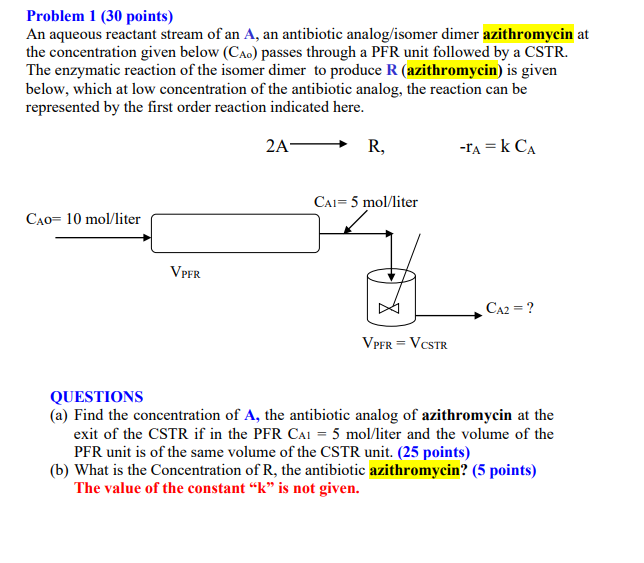 Solved Problem 1 (30 points) An aqueous reactant stream of | Chegg.com