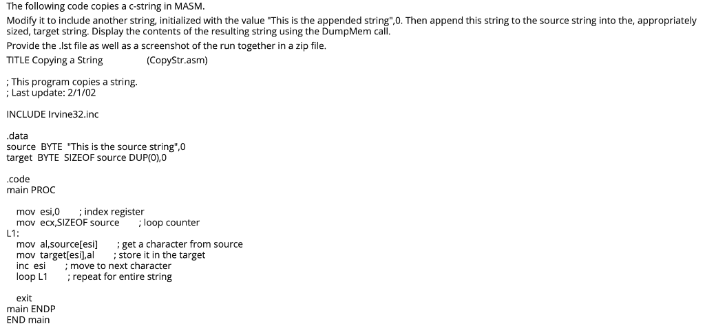 The following code copies a c-string in MASM Modify | Chegg.com