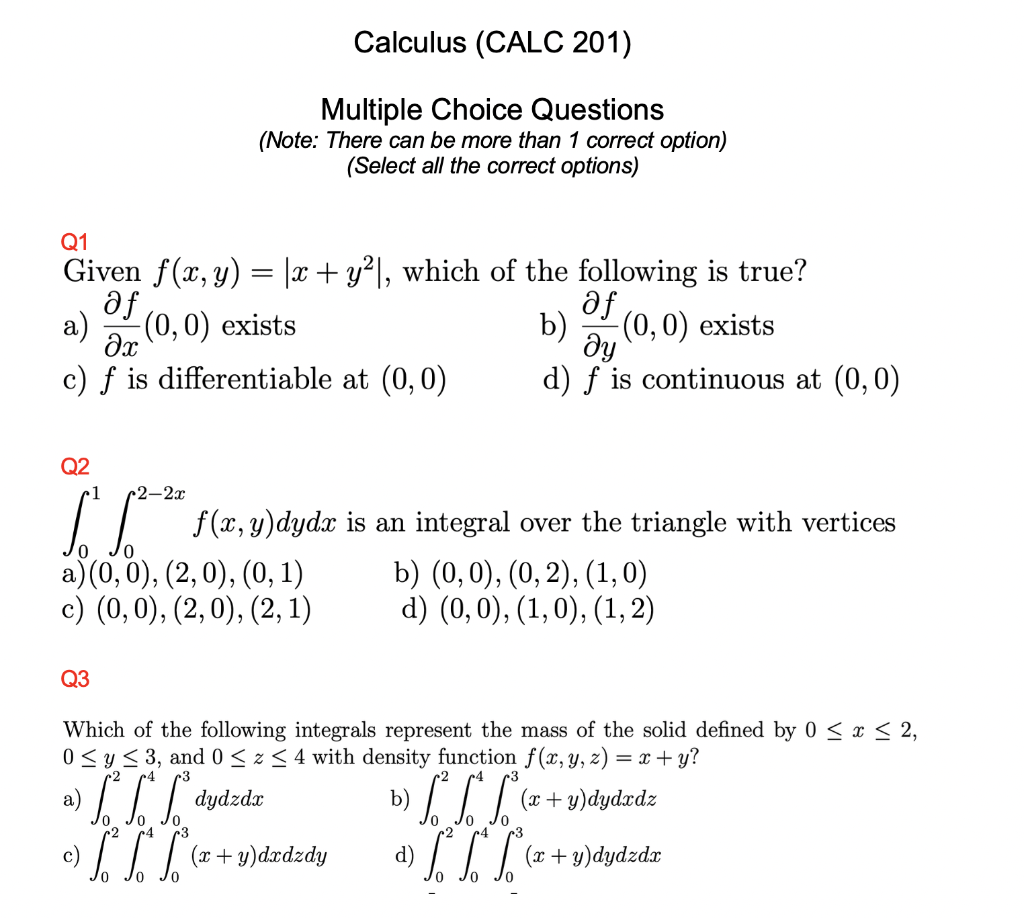 Solved Calculus (CALC 201) Multiple Choice Questions (Note: | Chegg.com