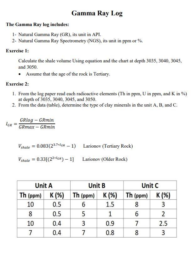 Gamma Ray Log The Gamma Ray log includes: 1- Natural | Chegg.com