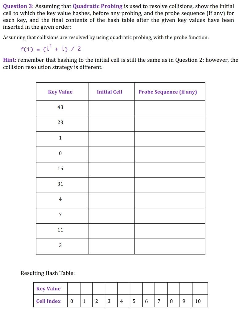 Solved Question 3: Assuming that Quadratic Probing is used | Chegg.com