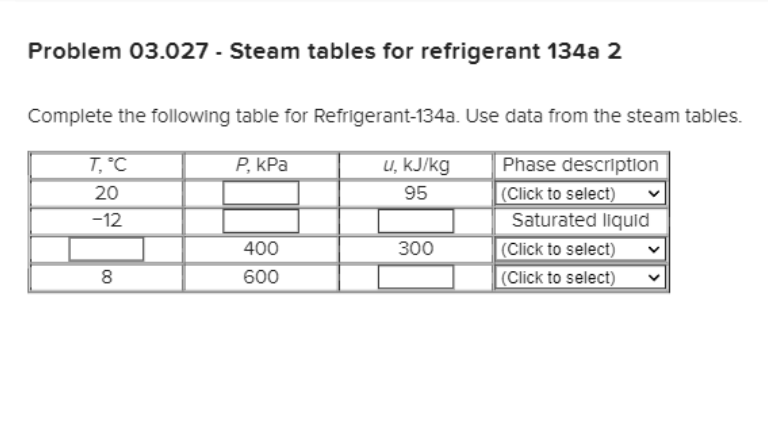 Solved Problem 03.027 - Steam tables for refrigerant 134a 2 | Chegg.com
