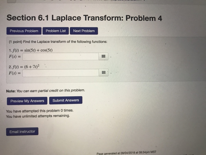 Solved Section 6.1 Laplace Transform: Problem 4 Previous | Chegg.com