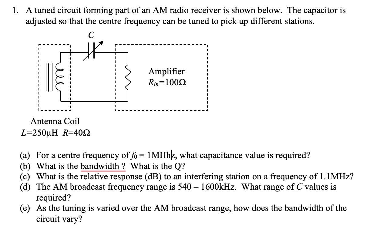 Solved 1. A tuned circuit forming part of an AM radio | Chegg.com