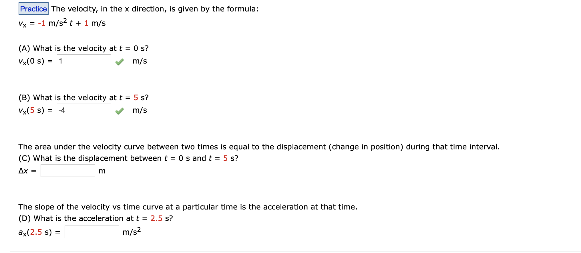 Solved Practice. The velocity, in the x direction, is given | Chegg.com