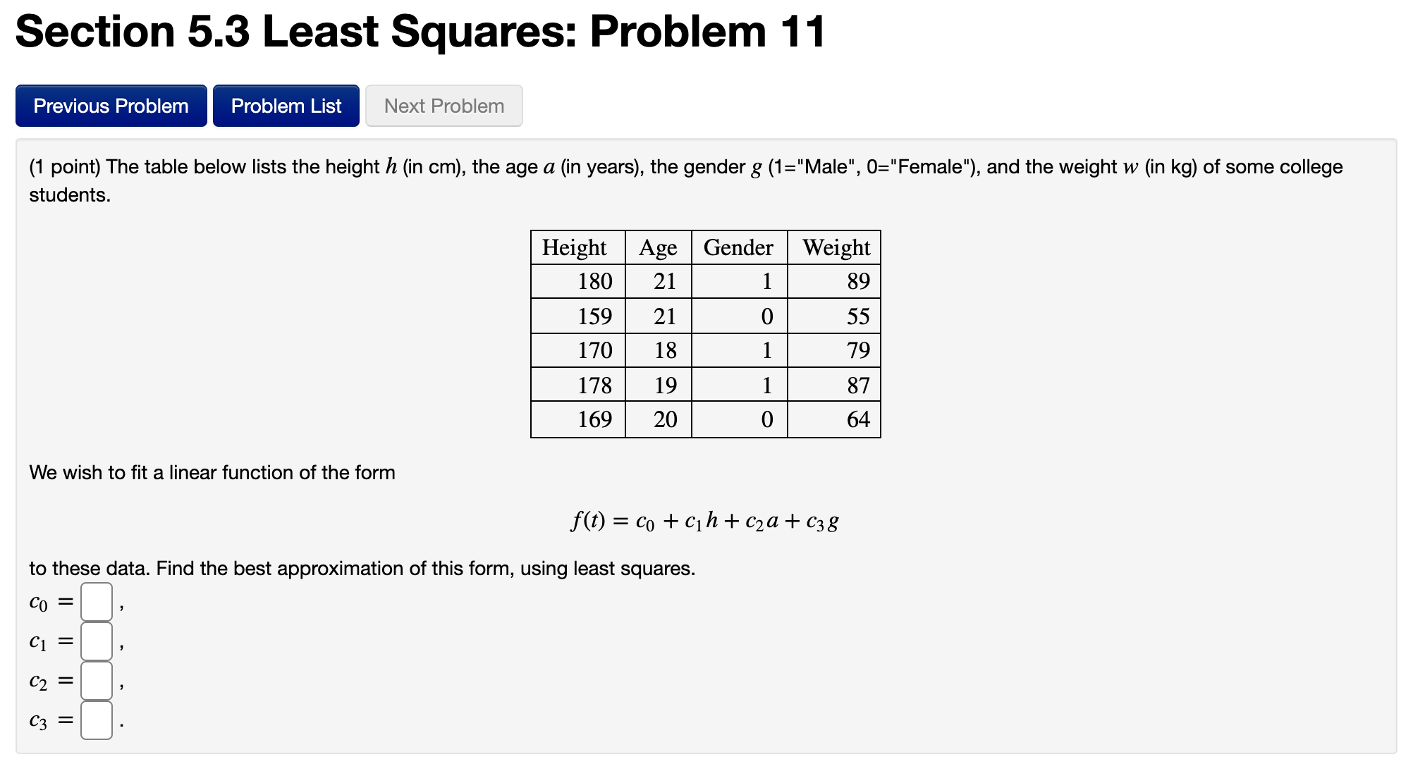 Solved Section 5.3 Least Squares: Problem 11 Previous | Chegg.com