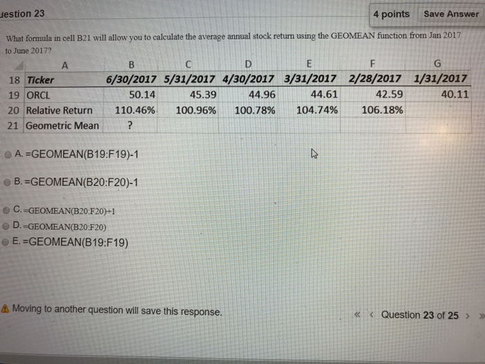 Solved estion 23 4 points Save Answer What formula in cell | Chegg.com