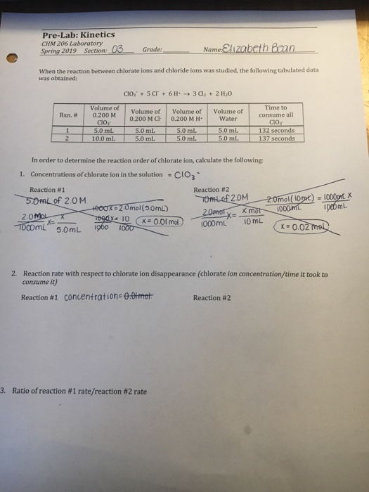 Solved Pre-Lab: Kinetics CHM 206 Laboratory Spring 2019 | Chegg.com