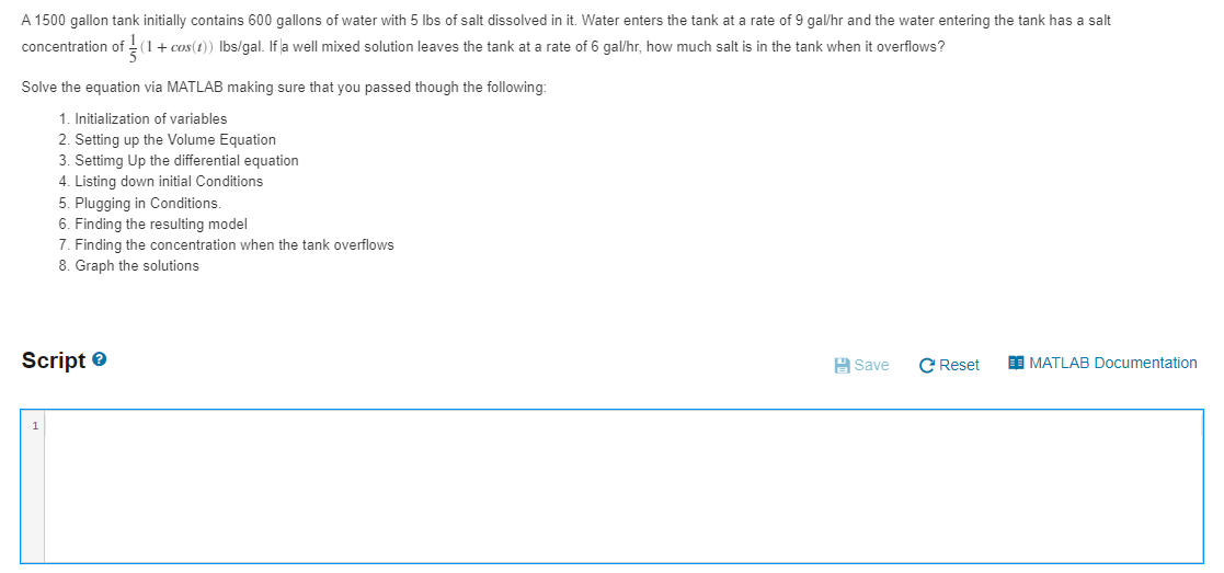 Solved SOLVE VIA MATLAB. A 1500 gallon tank initially | Chegg.com