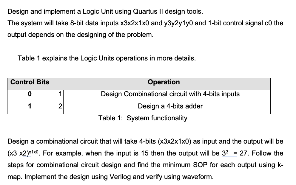 Design and implement a Logic Unit using Quartus Il | Chegg.com