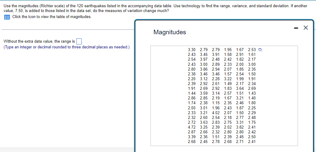 Solved Use the magnitudes (Richter scale) of the 120 | Chegg.com