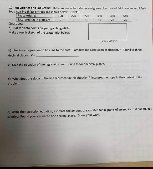 Solved 10. Fat Calories and Fat Grams: The numbers of fat | Chegg.com