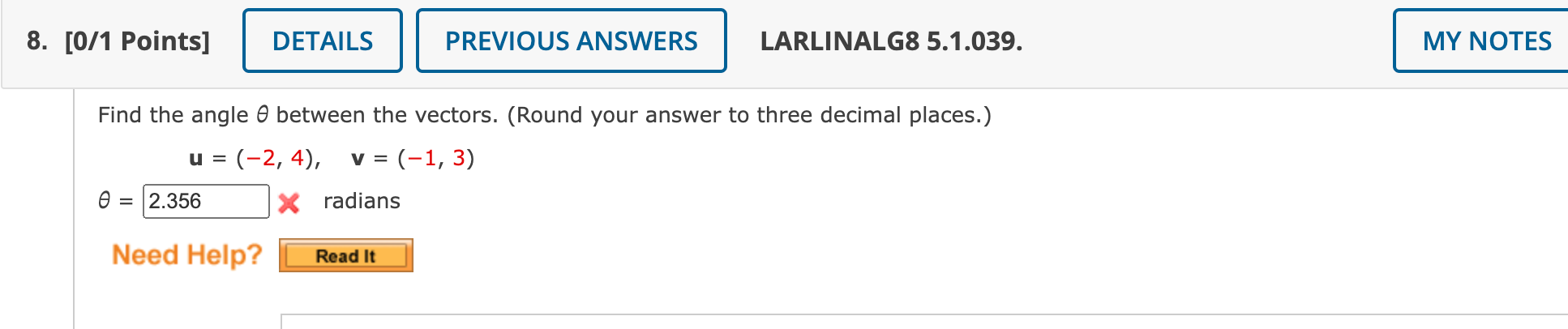 Solved 8. [0/1 Points] LARLINALG8 5.1.039. Find the angle θ | Chegg.com