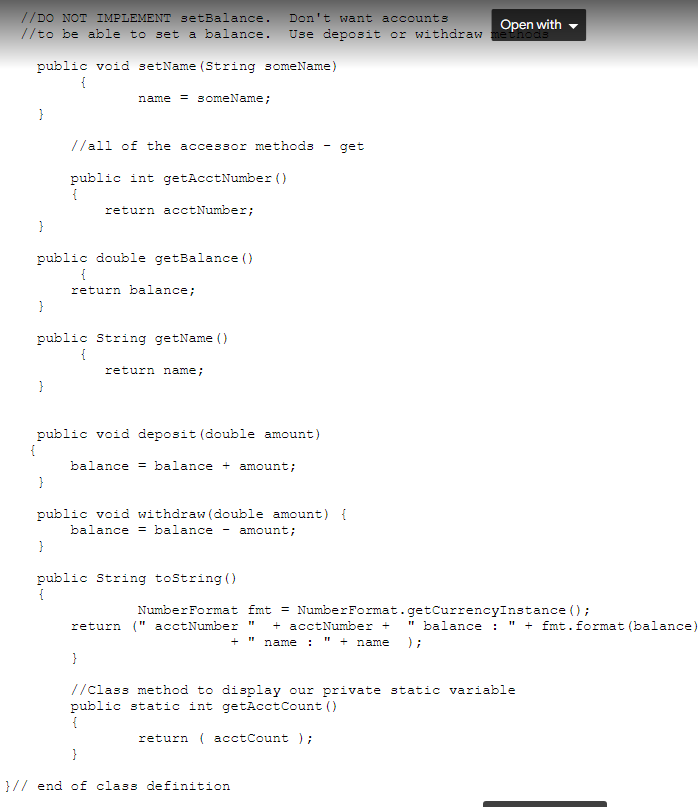 Solved 1. Download the provided files BankAccount.java and | Chegg.com