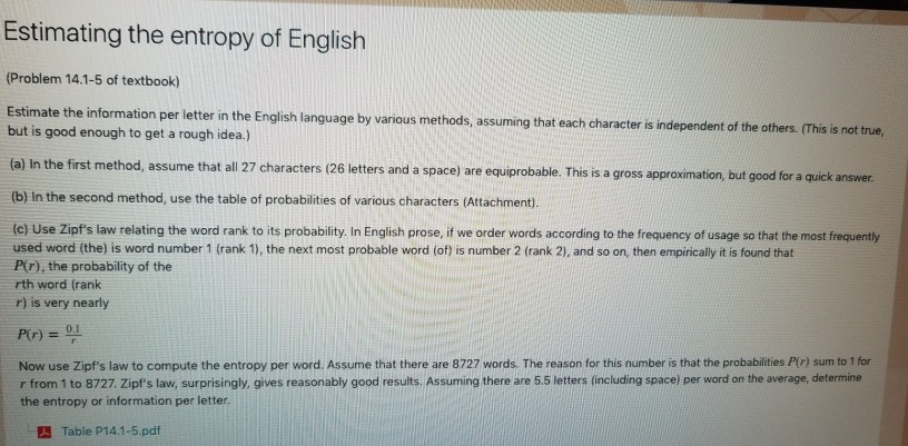 Solved Estimating the entropy of English (Problem 14.1-5 of | Chegg.com