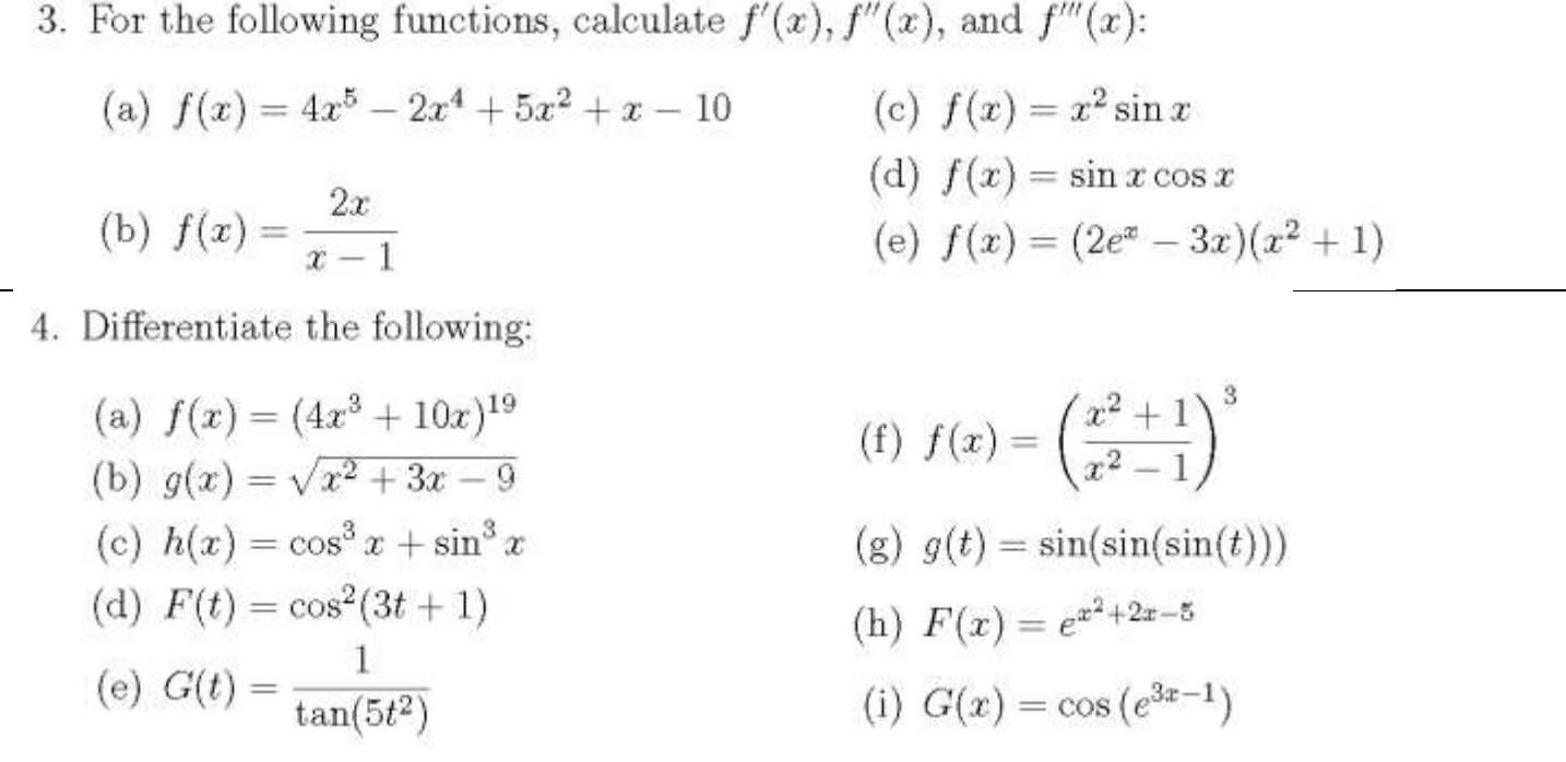 Solved 3. For the following functions, calculate | Chegg.com