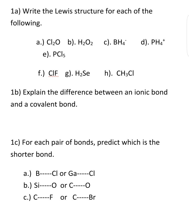 Solved 1a) Write the Lewis structure for each of the | Chegg.com