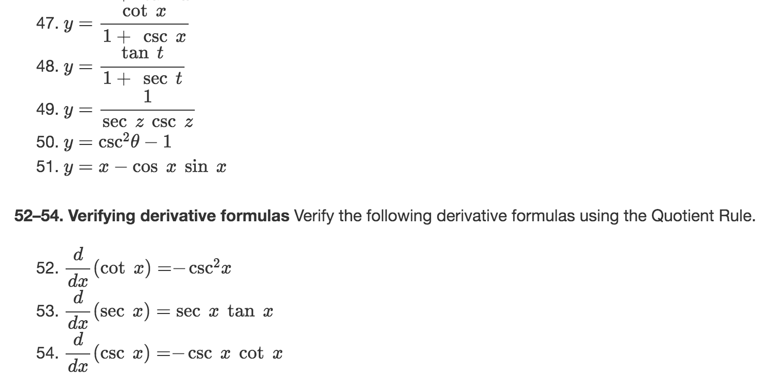 Solved cot x 47. y 48. Y 1+ CSC X tant 1+ sec t 1 49. y 50. | Chegg.com