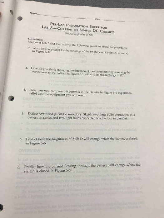 Solved Name. PRE-LAB PREPARATION SHEET FOR LAB 5-CURRENT IN | Chegg.com