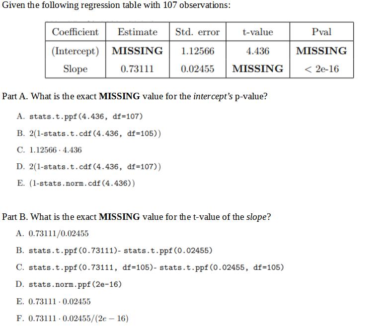 Solved Given the following regression table with 107 | Chegg.com