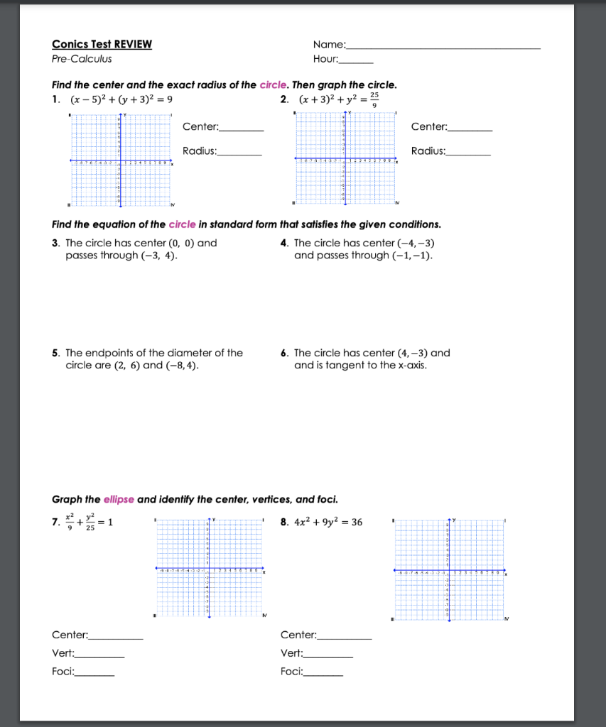 Solved Conics Test REVIEW Name: Hour: Pre-Calculus Find the | Chegg.com