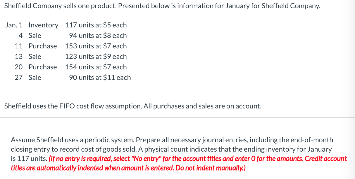 Solved Sheffield Company sells one product. Presented below | Chegg.com
