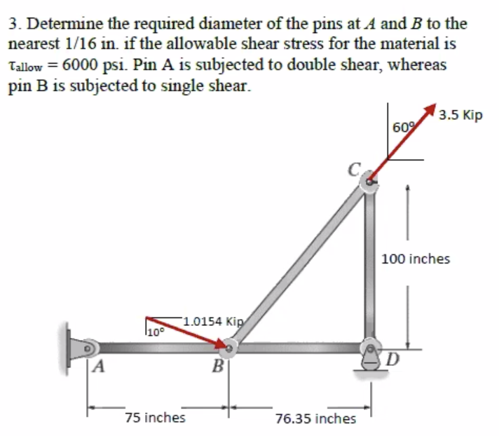Solved 3. Determine the required diameter of the pins at A | Chegg.com