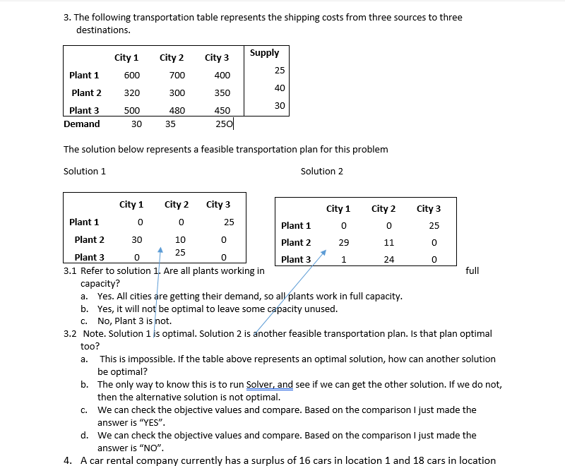Solved 3. The following transportation table represents the | Chegg.com