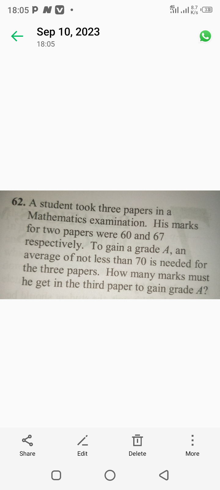 Solved 62. A student took three papers in a Mathematics | Chegg.com