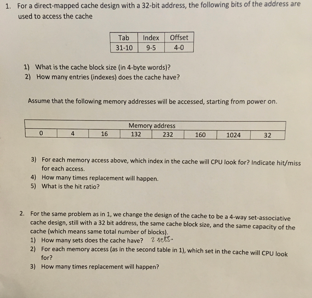 Solved 1. For a direct-mapped cache design with a 32-bit | Chegg.com
