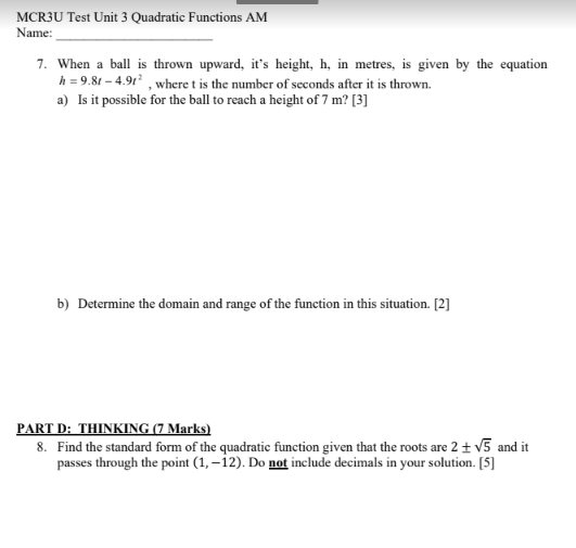 Solved MCR3U Test Unit 3 Quadratic Functions AM Name: 7. | Chegg.com