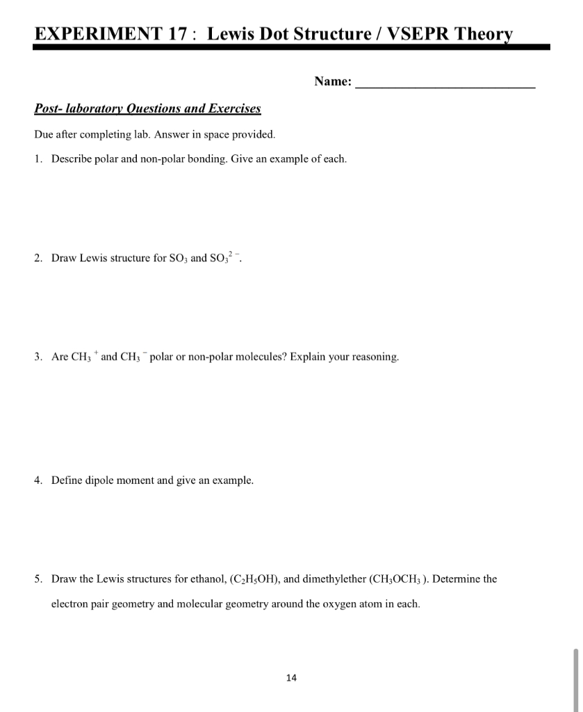 Solved EXPERIMENT 17 : Lewis Dot Structure / VSEPR Theory | Chegg.com
