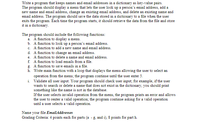 Solved Write a program that keeps names and email addresses | Chegg.com