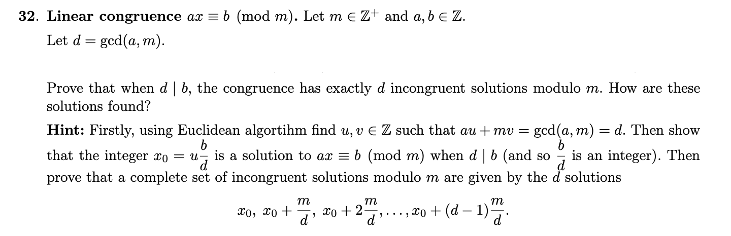 Solved 32. Linear congruence ax = b (mod m). Let me z+ and | Chegg.com
