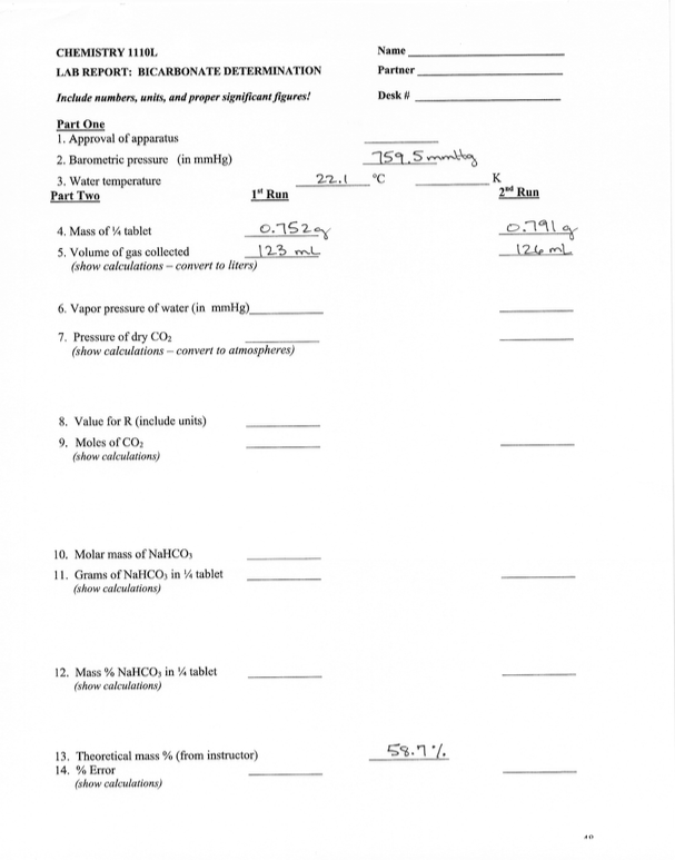 CHEMISTRY 1110L LAB REPORT: BICARBONATE DETERMINATION | Chegg.com