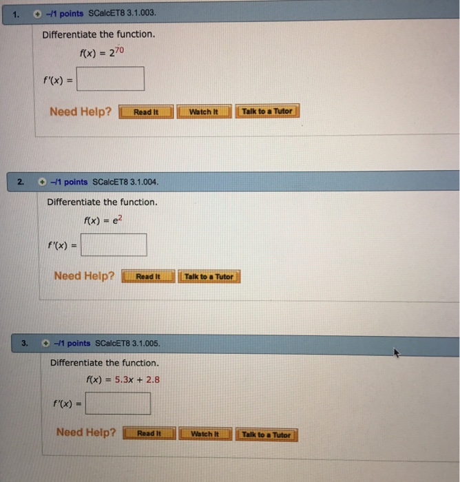 Solved 1. 1 points SCalcET8 3.1.003 Differentiate the | Chegg.com