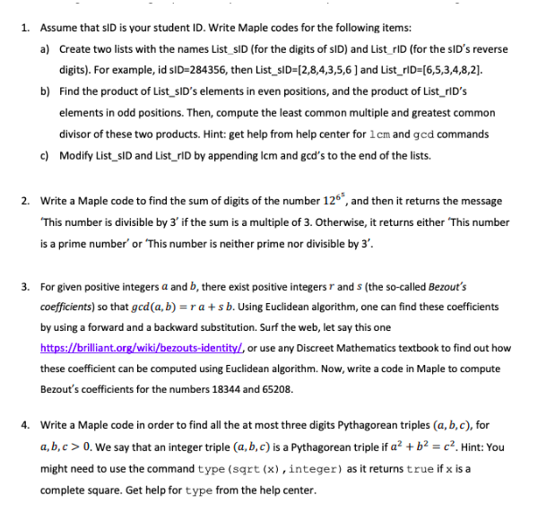 1. Assume that sID is your student ID. Write Maple | Chegg.com