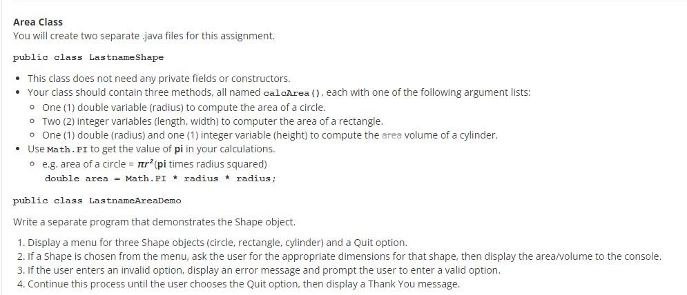Solved Area Class You will create two separate java files | Chegg.com