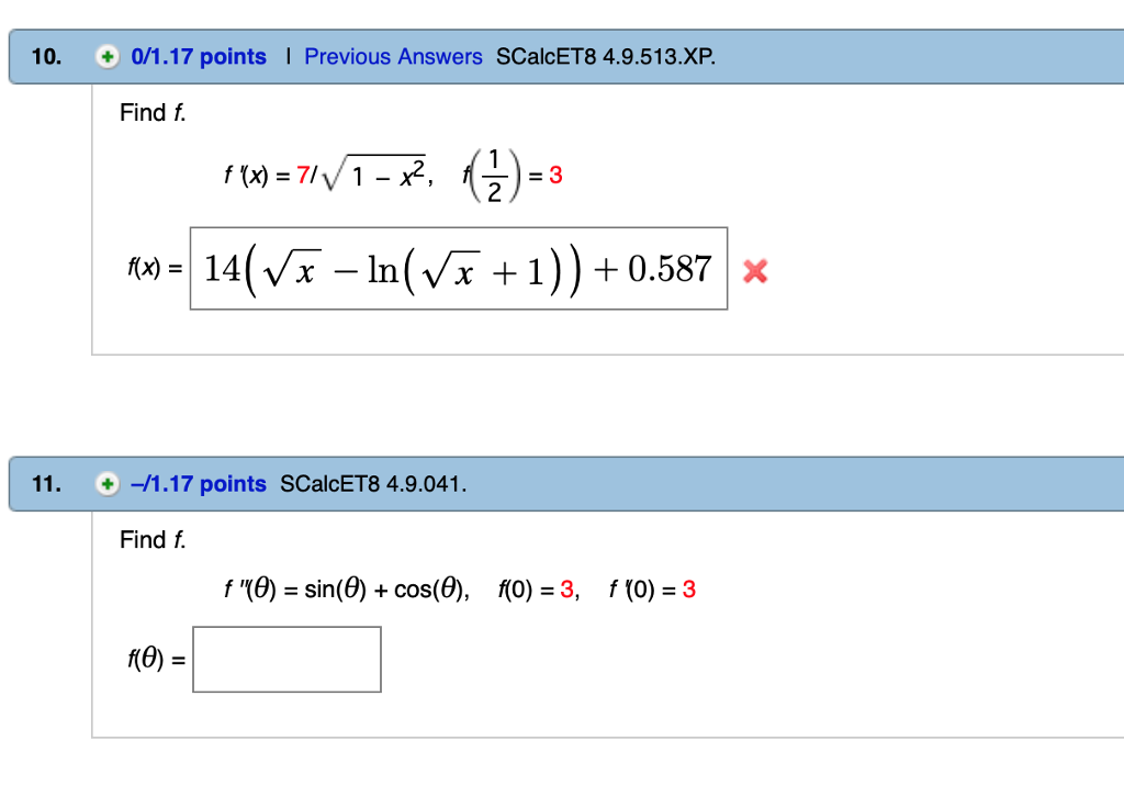 Solved 10. 0/1.17 points Previous Answers SCalcET8 | Chegg.com
