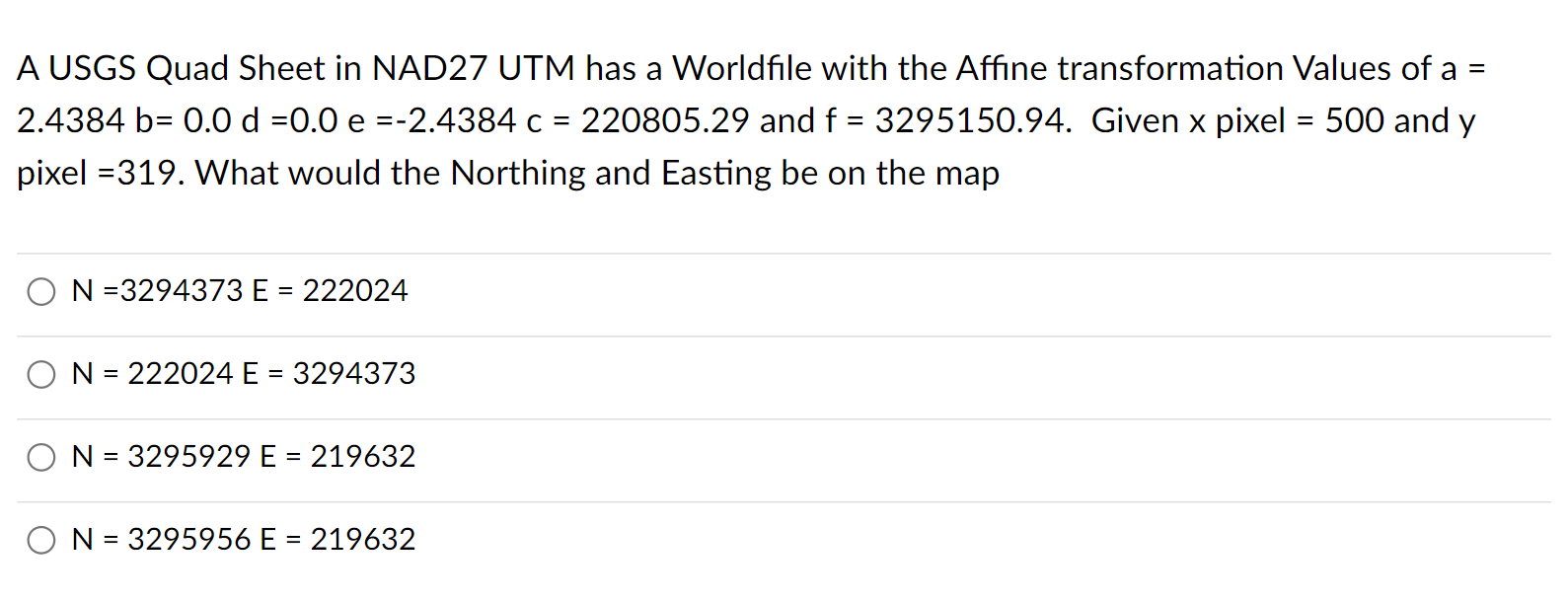 Solved A USGS Quad Sheet in NAD27 UTM has a Worldfile with | Chegg.com