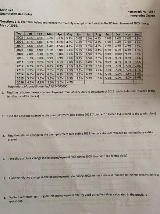 Solved Math 123 Quantitative Reasoning Homework 7A-Sec7 | Chegg.com