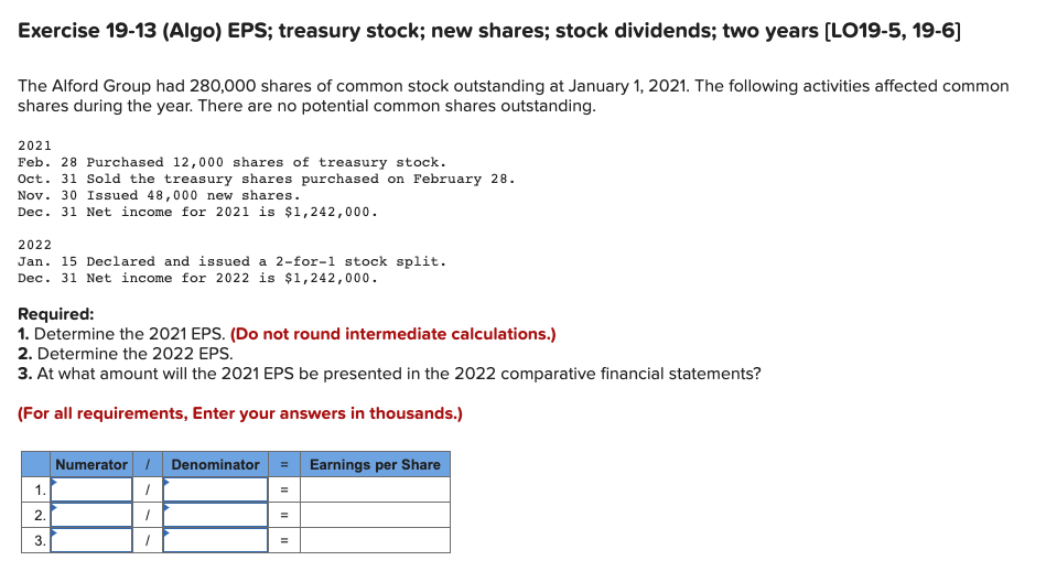 Solved Exercise 19-13 (Algo) EPS; treasury stock; new | Chegg.com