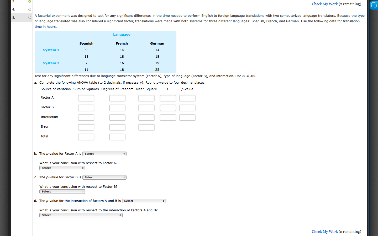 Solved Check My Work (2 remaining) A factorial experiment | Chegg.com