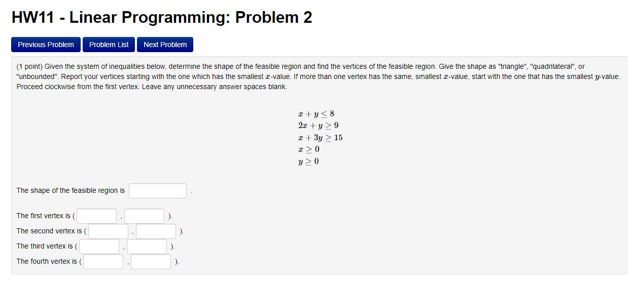 Solved HW11 - Linear Programming: Problem 2 Previous Problem | Chegg.com