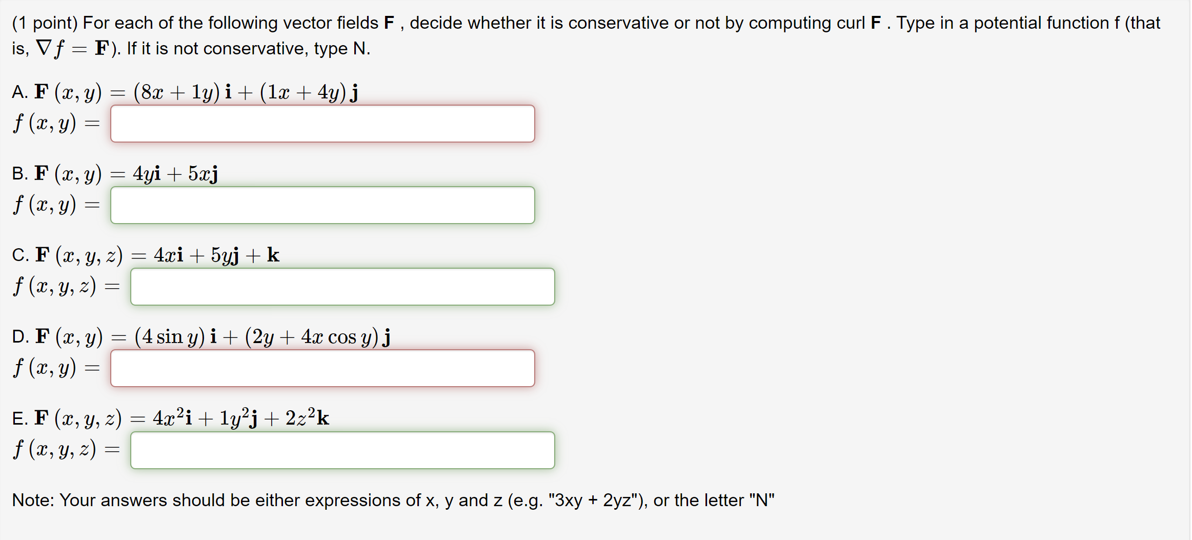 Solved (1 ﻿point) ﻿For each of the following vector fields | Chegg.com