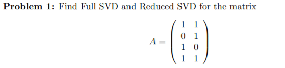 Solved Problem 1: Find Full SVD and Reduced SVD for the | Chegg.com