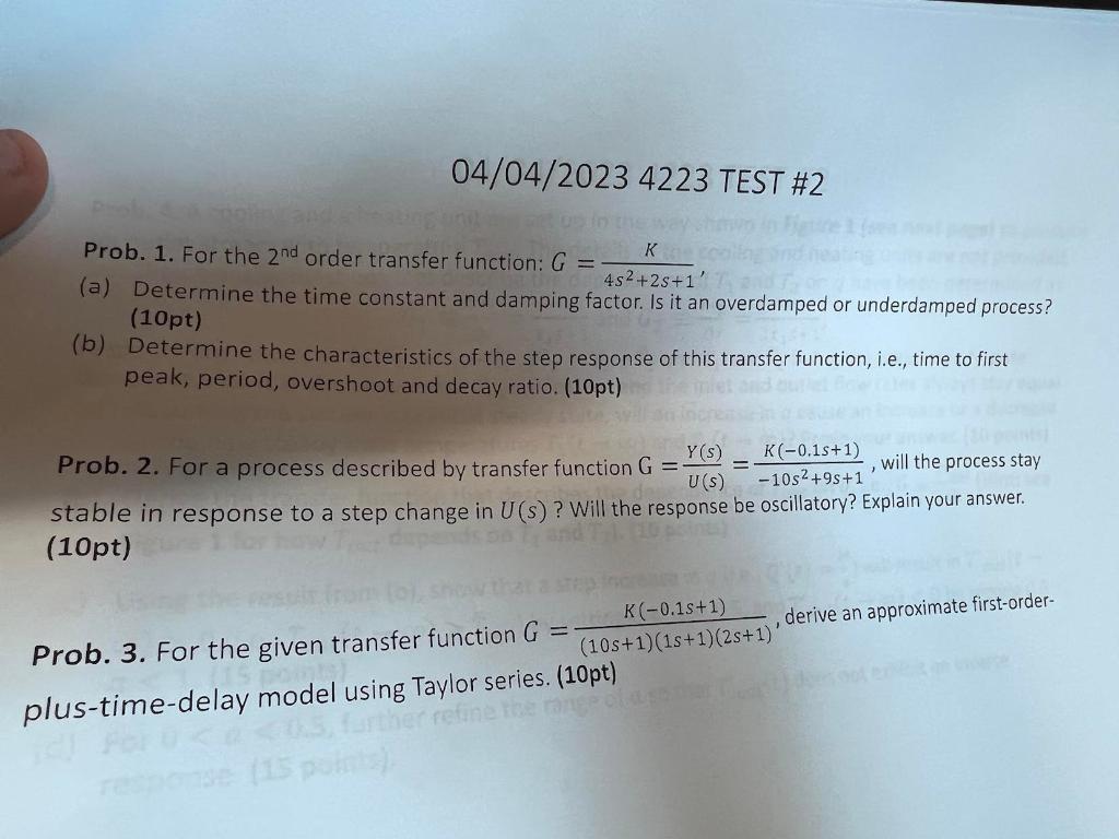 Solved Prob. 1. For the 2nd order transfer function: | Chegg.com