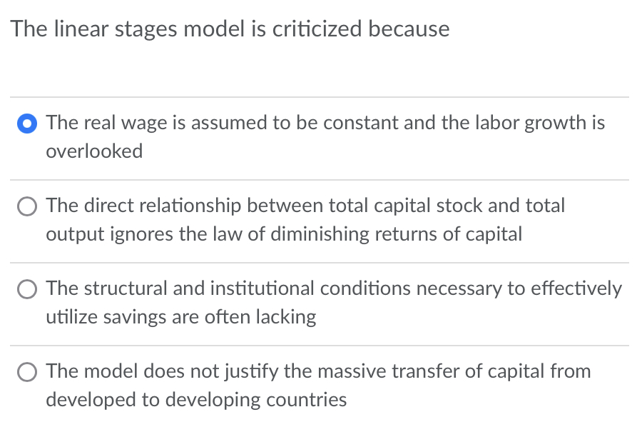 Solved The linear stages model is criticized because The | Chegg.com